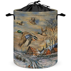 Brebasf Abstract Hunting Theme Duck Dirty Clothes Hampers Drawstring Large Volume,Vintage Farmhouse Oil Painting Forest Chickens Ducks Laundry Hamper Storage Basket-13.8"W X13.8"L X17.3"H