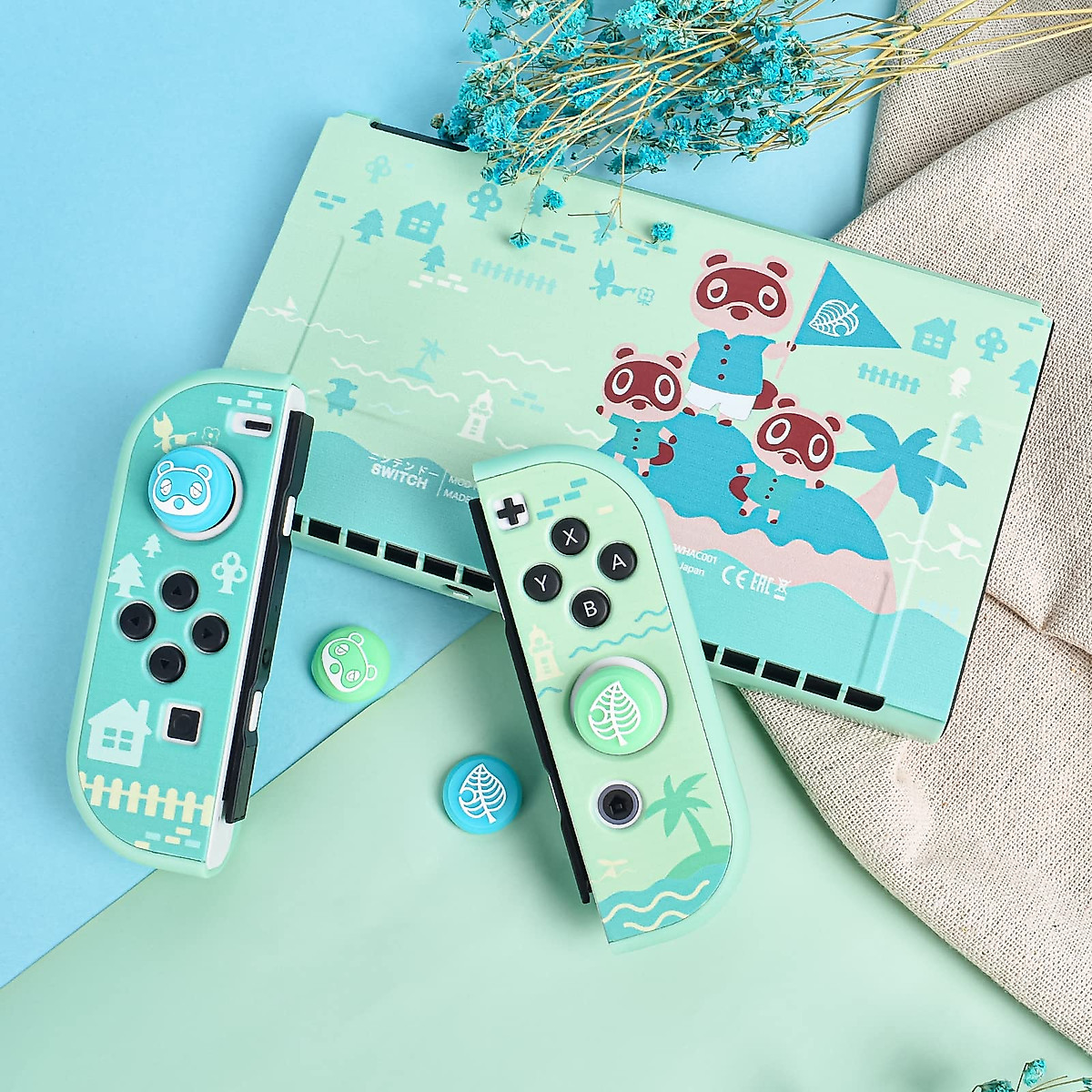 DLseego Animal Crossing Switch OLED Case Protective Cover Dockable Hard Shell Joy Con Skin Accessory With 4PCS Thumb Grips Caps and 2PC Screen Protectors