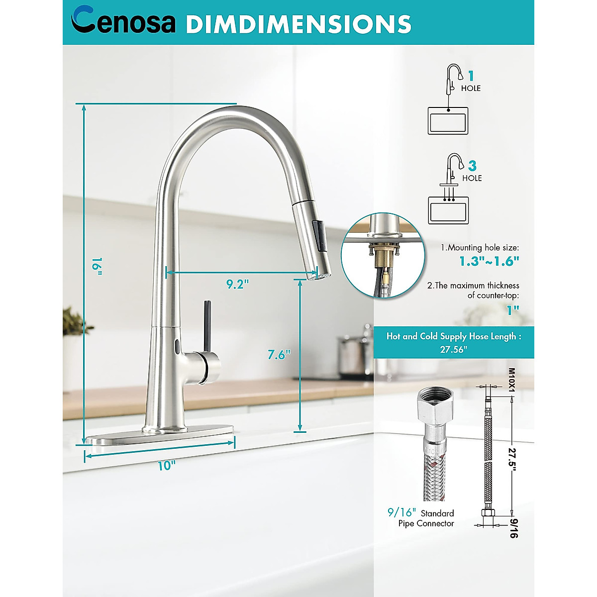 Touchless Kitchen Faucet with AC Adapter, Smart Motion Sensor Hands Free Single Handle Kitchen Sink Faucet with Pull Down Sprayer, Brushed Nickel