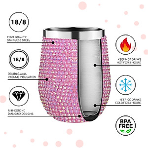 HappiGifts Sparkle Tumbler Collection, Glitter Bling Diamond Rhinestone Wine Tumbler, Stainless Steel Insulated Cup with Lid (Pink)