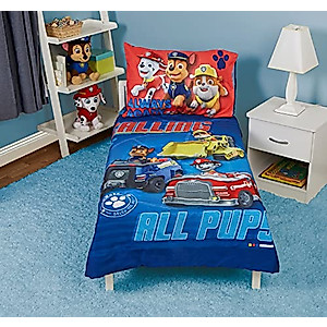 Paw Patrol Calling All Pups 4 Piece Toddler Bedding Set - Includes Quilted Comforter, Fitted Sheet, Top Sheet, and Pillow Case for Boys Bed, Blue