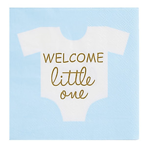 BLUE PANDA 100-Pack “Welcome Little One” Baby Shower Napkins for Boys - Gold Foil Gender Reveal Decorations - Light Blue (5x5 In) - Welcome Little One Napkins - Baby Boy Napkins
