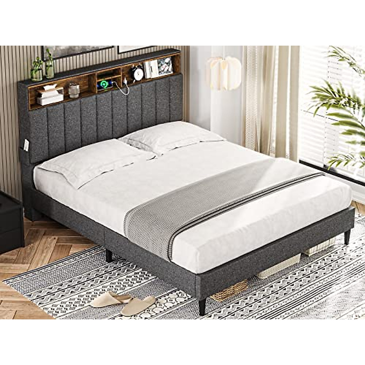 ADORNEVE Full Size Bed Frame with Outlet and USB Ports, Modern Upholstered Platform Bed with Storage Headboard & Height Adjustable, No Box Spring Needed, Dark Grey