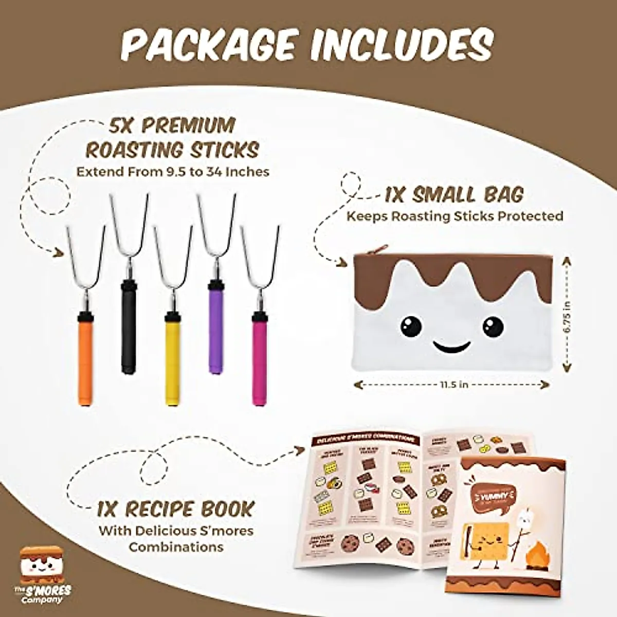 The S’mores Company - Marshmallow Roasting Sticks, Telescoping Smores Skewers for Fire Pit with Storage Bag, Hot Dog Roasting Sticks, 34 Inch Long Fork - 5 Pack, Fire Pit Skewers