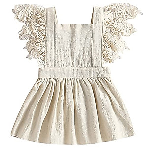 Mubineo Toddler Baby Girl Summer Linen Dress Newborn Lace Princess Overall Dress Sundress (Beige, 18-24 Months)