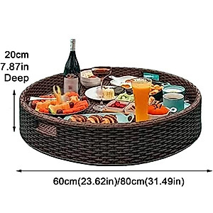 ENPAP Rattan Woven Serving Tray Floating Breakfast Table Serving Buffet Round Tray Drink Holders for Swimming Pool Beach Party Refreshment Durable Foam UV Resistant (Color : Brown, Size : 80cm)
