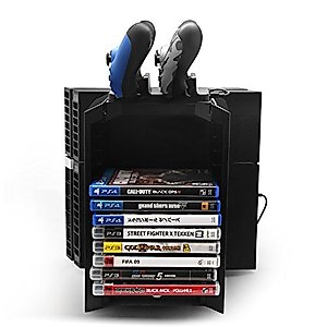 TNP Stand + Controller Charger + Game Storage Organizer - Vertical Dock Charge Charging Station for DualShock Controller, Bluray Game Case Storage Holder Tower 4-in-1 Accessories [Playstation 4]