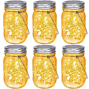 【Upgraded】Hanging Mason Jar Solar Lights, 6 Pack 30 LEDs Fairy Lights with Jars and Hangers, IPX6 Waterproof Hanging Solar Lights Outdoor, Solar Lanterns for Balcony Backyard Garden Fence Decor