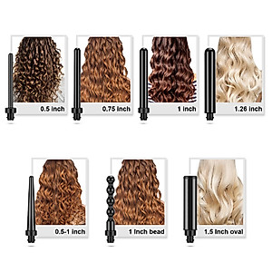 PARWIN PRO BEAUTY Curling Iron Set 7 in 1 Interchangeable Barrels Dual Voltage Hair Curler LCD Display Tourmaline Ceramic Curling Iron with Heat Resistant Glove, Black 7 Sizes - Standard