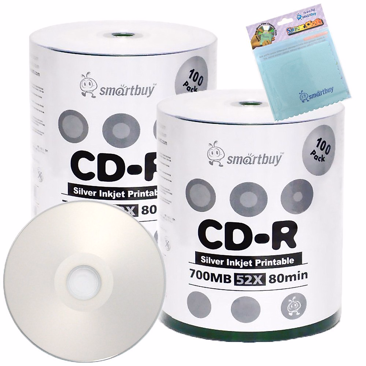 Smartbuy 200-disc 700mb/80min 52x CD-R Silver Inkjet Hub Printable Blank Media Disc + Free Micro Fiber Cloth