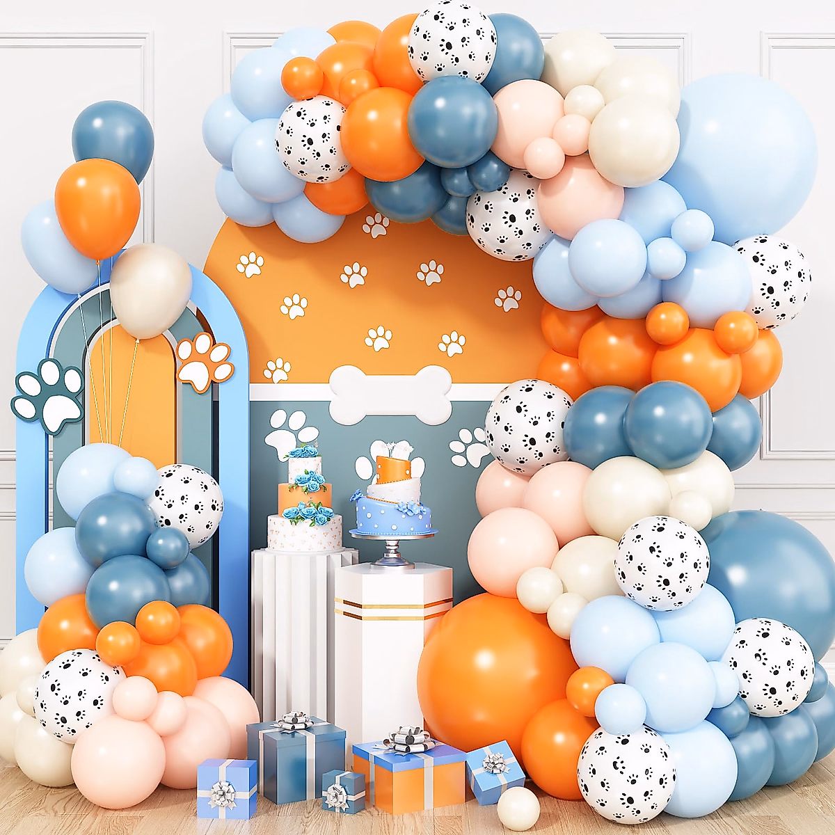 Blue Orange Balloons Arch Garland Kit,Dog Paw Balloons Garland with Retro Sea Blue Orange Paw Print Balloons for Boys Girls Baby Shower Puppy Birthday Party Decor