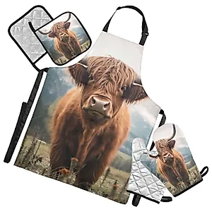 Kigai Kitchen Apron Set of 5 - with 2 Pack Oven Mitt & 2 Pack Heat Insulation Pad Kitchen for Everyday Kitchen Cooking and Baking - Highland Cow