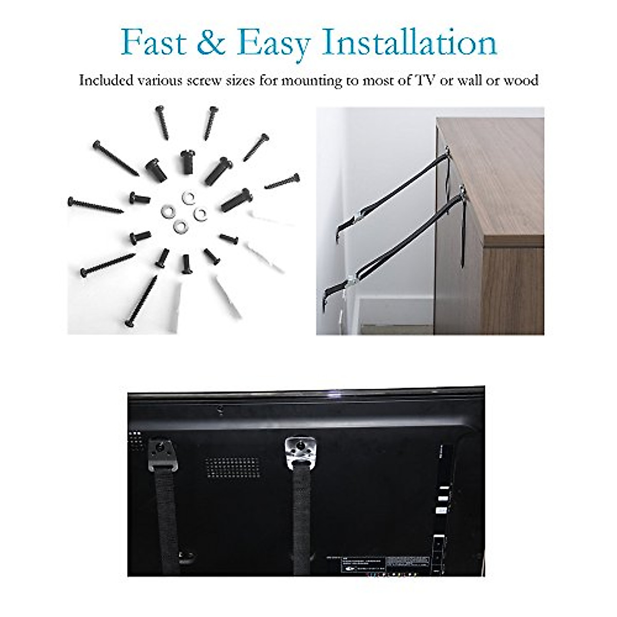 Anti Tip Furniture and TV Safety Straps | Earthquake Proof | Heavy Duty Mount Anchor For Baby Proofing Flat Screen TV, Dressers, Cabinets, Wardrobe, Bookcase | Bolts and Metal Parts Included - 2 Pack