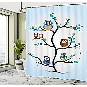 Ambesonne Owl Shower Curtain, Owl Family Perched a Tree Love Grace Nocturnal Eyed Night Animals in The Nature Print, Cloth Fabric Bathroom Decor Set with Hooks, 69" W x 84" L, Multicolor