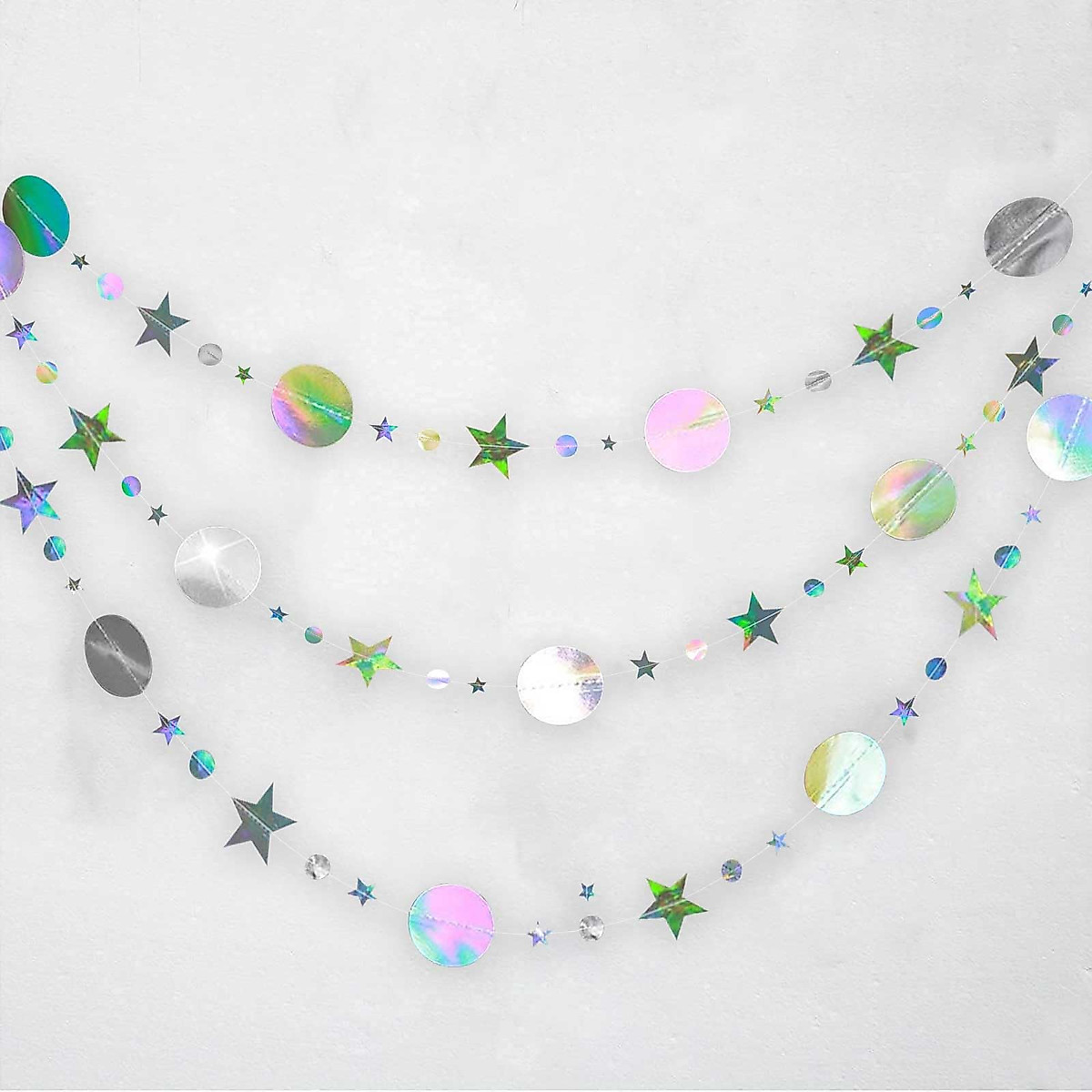 Fecedy 4 Pack Iridescent Star Circle Dot Garland Hanging and Twinkle Little Star Streamer Bunting Banner for Kids Birthday Baby Shower Wedding Party Decoration