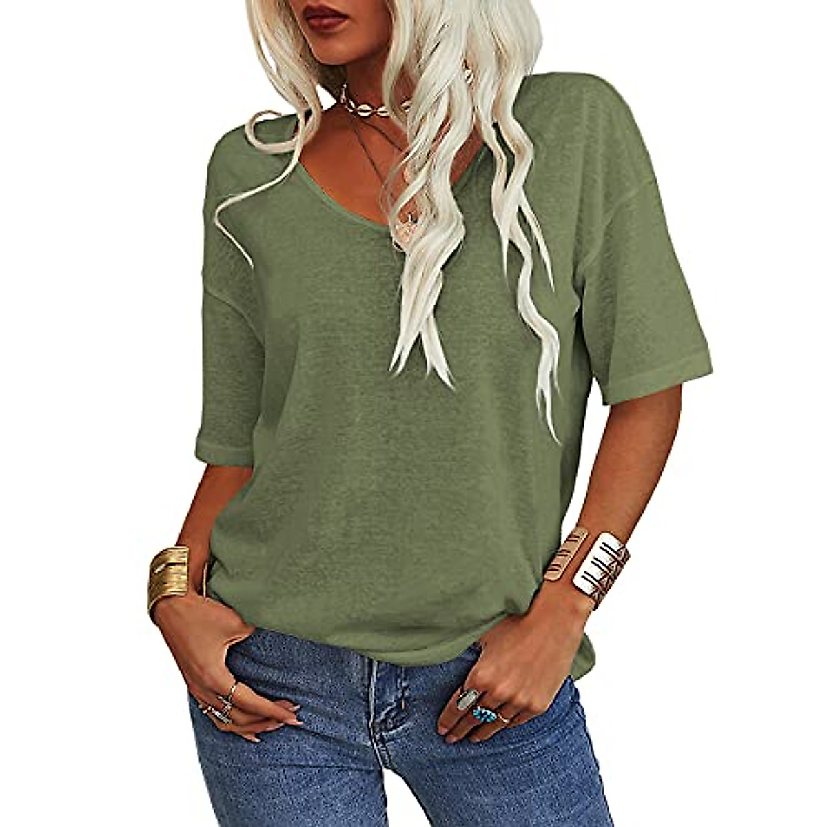 Danedvi Women Fashion V-Neck Half Sleeves Oversized T Shirt Solid Casual Loose Basic Tops Army Green