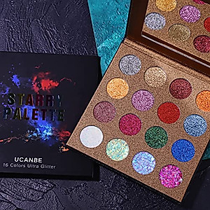 UCANBE Pro Glitter Eyeshadow Palette - Professional 16 Colors - Chunky & Fine Pressed Glitter Eye Shadow Powder Makeup Pallet Highly Pigmented Ultra Shimmer for Face Body