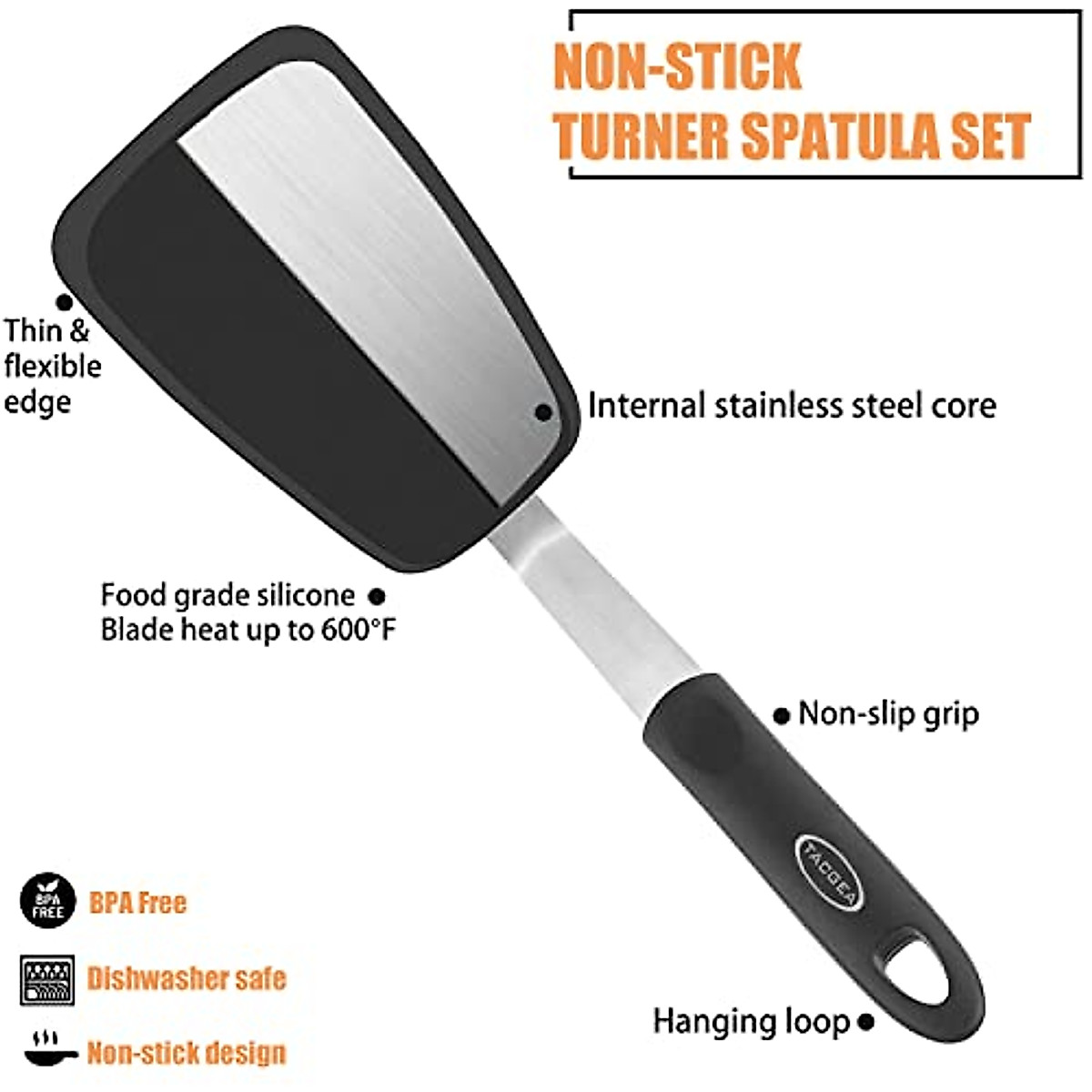 TACGEA Silicone Spatula Turner 2 Pack for Nonstick Cookware 600°F Heat Resistant, Kitchen Cooking Utensils for baking, flipping eggs, Burgers, Pancake