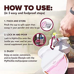 Multipurpose Protein Powder Container, Airtight Powder Container with Protein Powder Funnel, On-The-Go Supplement Container for Gym and Outdoor Enthusiasts, White/Pink, 120 CCs - MyMix2go
