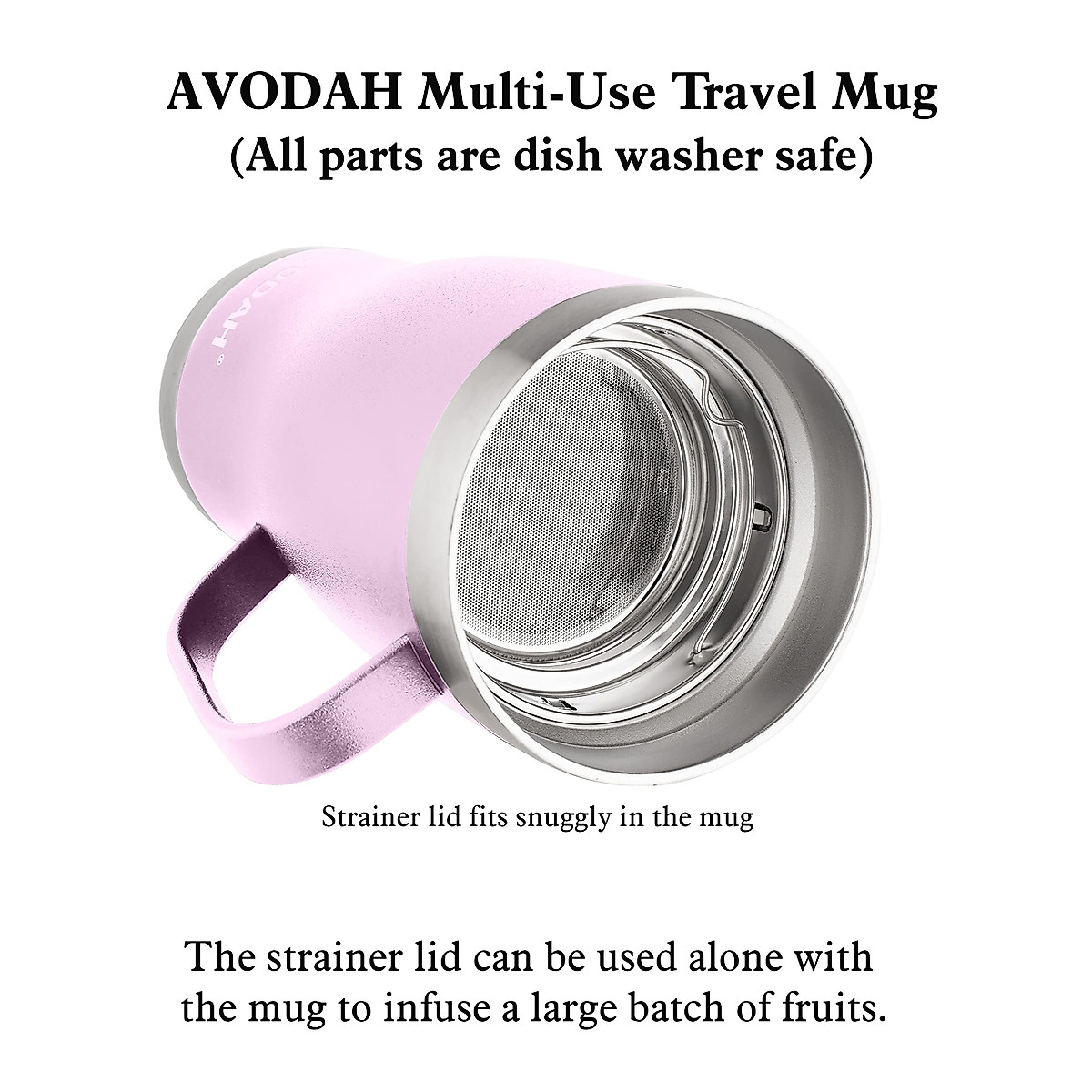 AVODAH 20 oz Tea Cup with Tea Infuser and Lid. Tea Infuser Mug with Tea Strainer, Two Lids & Straw. Coffee Travel Mug with Tea Accessories for Cold Brew (Lilac)
