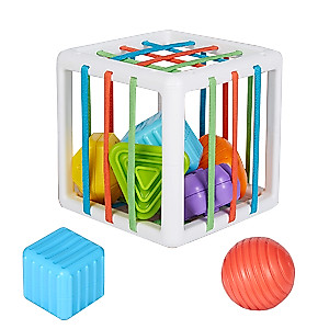 Baby Toy Sensory Bin – Cube Fidget Baby Games– Baby Sorting Toys with Colorful Shapes Baby Blocks and String –shape sorter toy Montessori Toys for 1 Year Old boy gifts, Girl First Birthday Gift