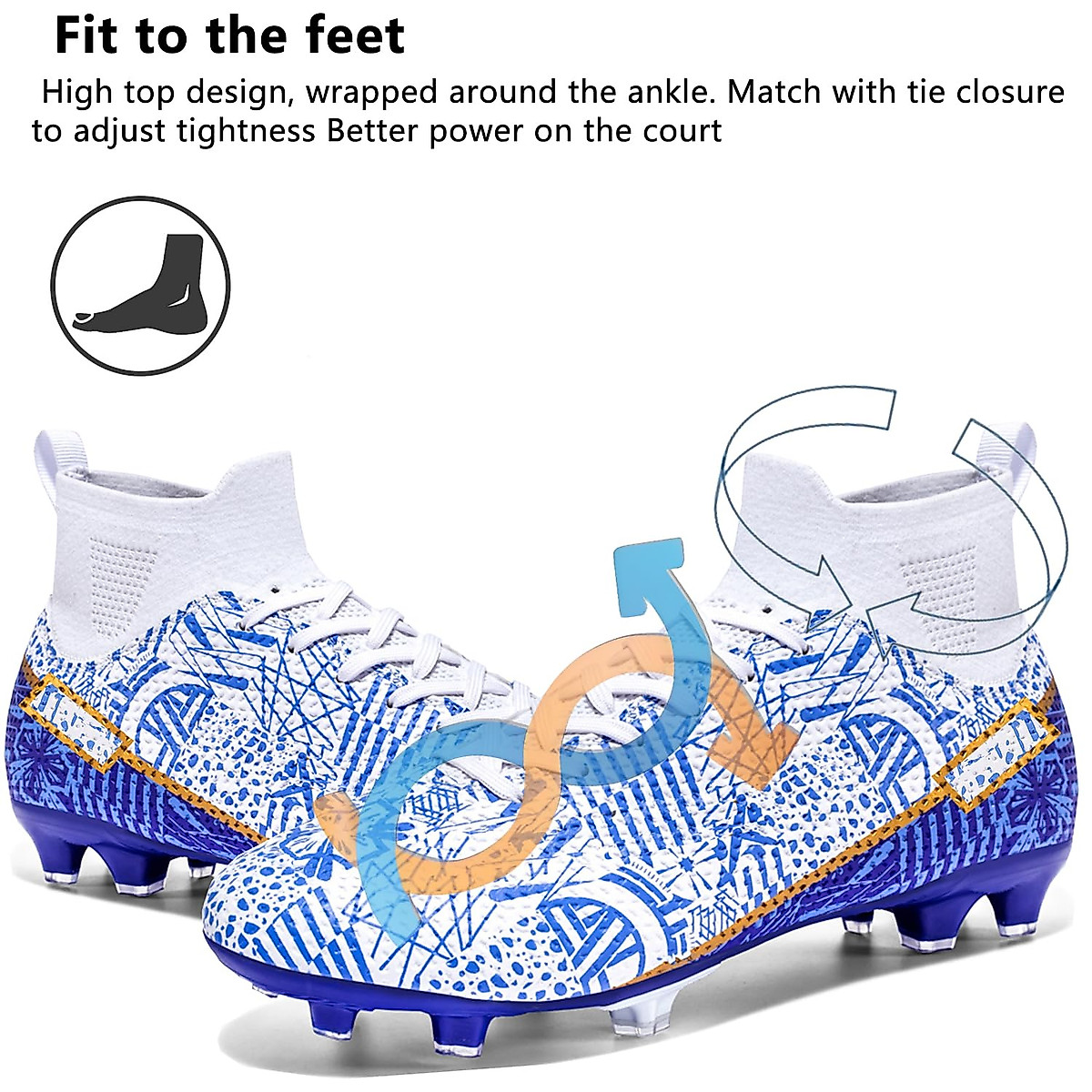 WINGFAI Men's Soccer Shoes Outdoor Turf Indoor Soccer Training Sneaker Professional High-Top Athletic Football Boots Breathable Cleats White Blue 11 US