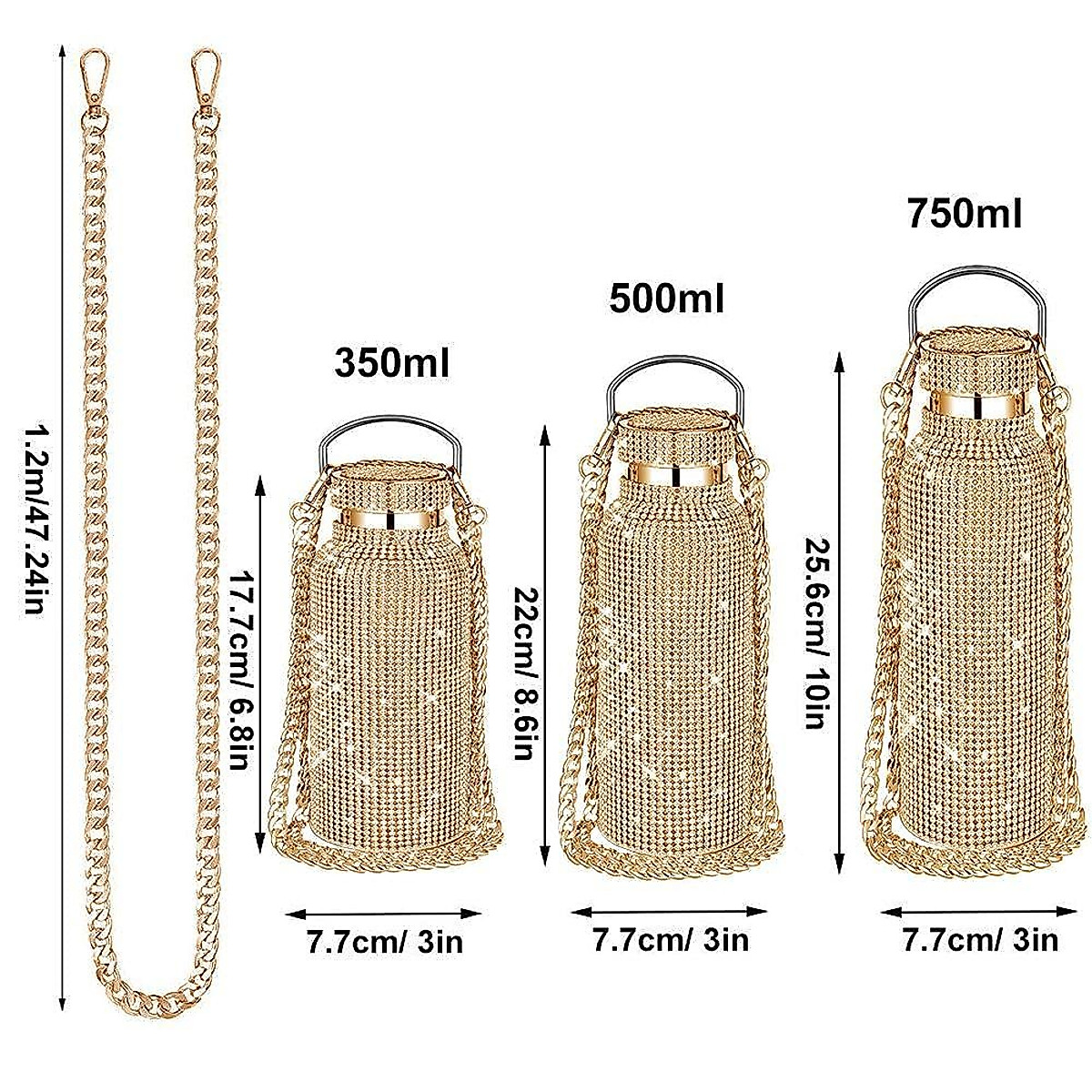 QIANSHENG Bling Diamond Water Bottle Sparkling Glitter Stainless Steel Thermos Bottle Vacuum Flask for Women Refillable Insulated Water Bottle with Chain & Gift Box (Gold,350ml)