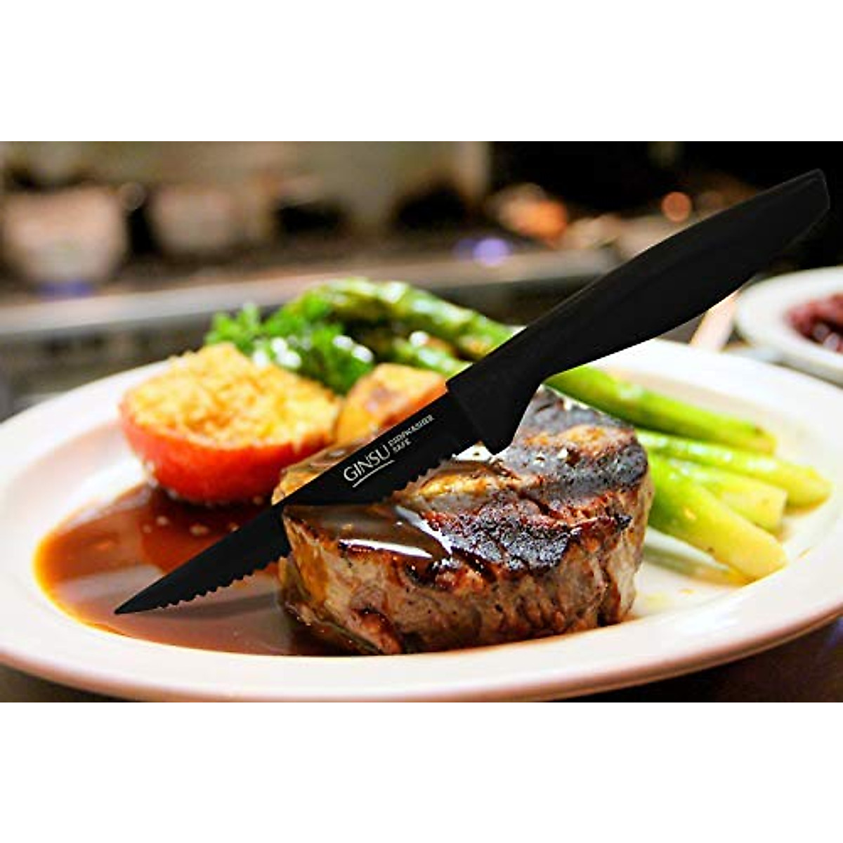 GINSU Daku Series Dishwasher Safe, Fade Resistant, Black Ceramic Coated, 6 Piece Steak Knife Set (DAK-KB-DS-006-1), 4.5 inches