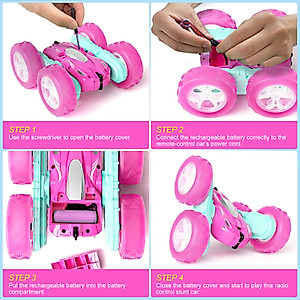 28℃ Remote Control Car for Boys, Drift High Speed RC Cars, 4WD 2.4Ghz Rechargeable RC Truck with Double Sided 360 Flips and Headlights Wheel Lights, Off-Road Stunt Toy Car for Kids Boy Girls Pink