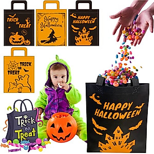 Crethinkaty 12 Packs Halloween Trick or Treat Non-woven Tote Bags, Pumpkin Spider Bat Witch Haunted House Reusable Goodie Treat Bags with Handle for Halloween Party Favors for Kids - 12*10IN