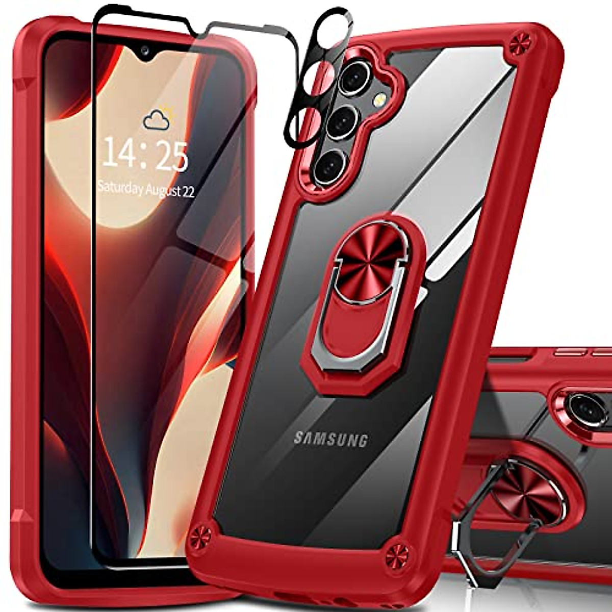 GOLDJU for Samsung Galaxy A14 5G Case, Galaxy A14 Case with [1P Screen Protector]& [1P Camera Lens Protector]& [Metal Kickstand]& [10FT Military Grade Drop Protection] Clear Back 2023(Red)