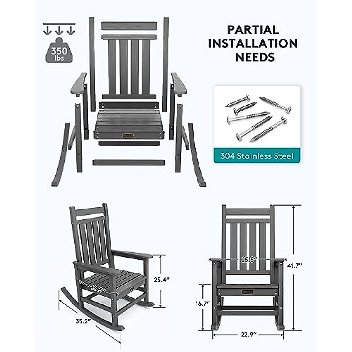 SERWALL Outdoor Rocking Chair Set of 2, HDPE Rocking Chairs for Adult, All Weather Porch Rockers for Lawn Garden, Grey