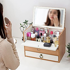 Makeup Organizer Wooden Cosmetic Storage ​​Cases Display Rack with Drawer Makeup Organizer Case for Brushes Lipsticks Skincare Toner Cosmetic Storage Box