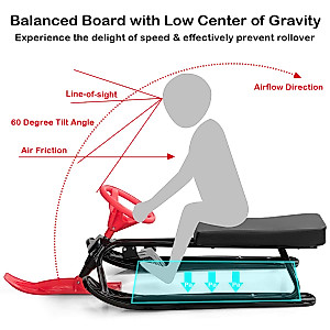 Goplus Steering Ski Snow Racer Sled w/Twin Brakes, Steel Frame & High Density HDPE Sledge for Teens and Kids Age 3 & Up (Red)