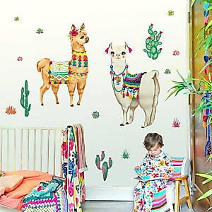 decalmile Large Llama Wall Decals Tropical Cactus Plants Wall Stickers Baby Nursery Kids Bedroom Living Room Wall Decor (H: 24 Inches)