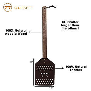 Outset Acacia Wood and Leather Heavy Duty, Extra Large Fly Swatter, Brown