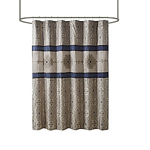 Madison Park Donovan Shower Curtain, Embroidered Jacquard Weave Design, Traditional Bathroom Décor, Machine Washable, Fabric Privacy Screen, 72x72, Navy