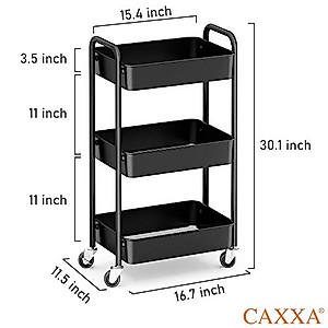 CAXXA 3-Tier Rolling Metal Storage Organizer - Mobile Utility Cart, Kitchen Cart with Caster Wheels (Black)