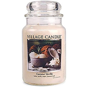 Village Candle Coconut Vanilla Large Glass Apothecary Jar Scented Candle, 21.25 oz, White & Warm Apple Pie Large Glass Apothecary Jar Scented Candle, 21.25 oz, Brown