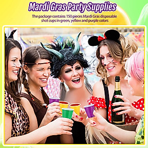 Meanplan 150 Pcs Mardi Gras 2 oz Plastic Shot Glasses Disposable Shot Cups Mini Colorful Small Party Cups for Mardi Gras Party Drinking Tasting Serving Snacks Samples, Purple Yellow Green