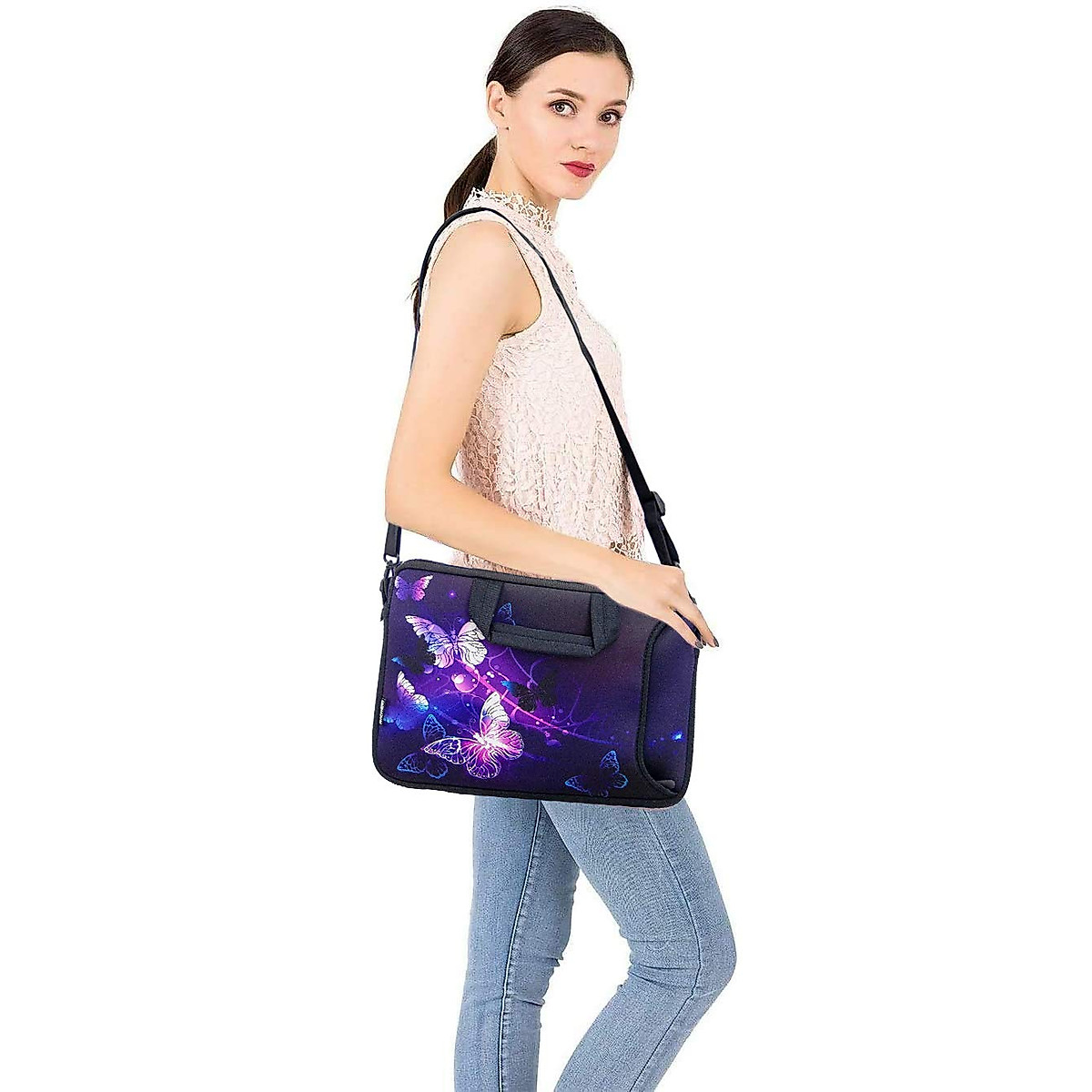 RICHEN 10 inch Messenger Bag Carrying Case with Handle Accessory Pocket Fits 7 to 10-Inch Laptops/Notebook/Kids Tablet (7-10.2 inch, Butterflies)