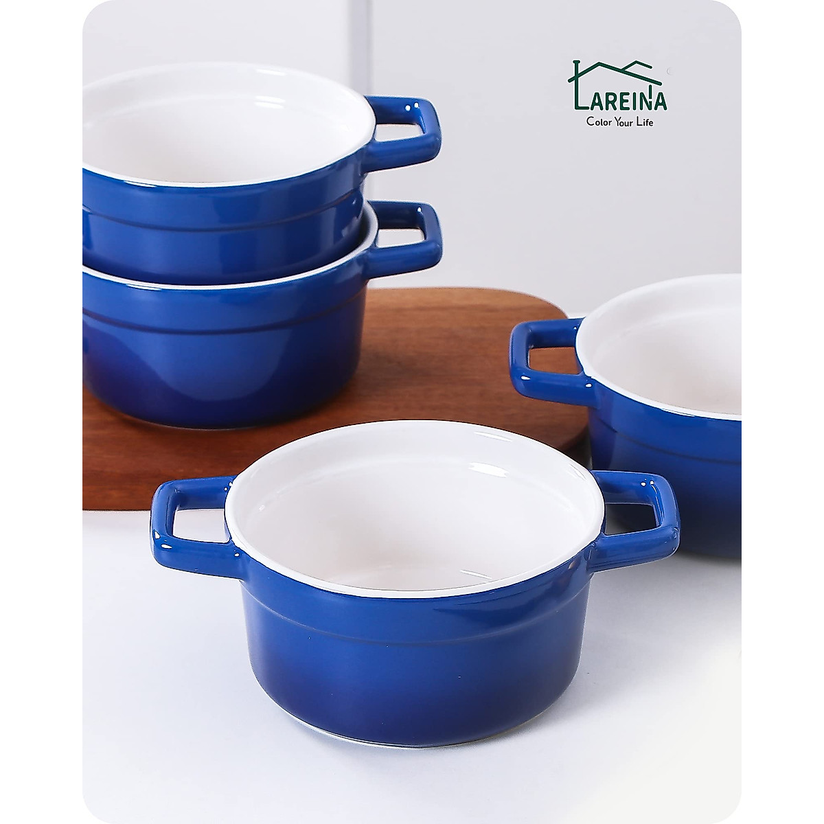Lareina Gradient Blue 25oz Ceramic Modern Soup Bowls Set of 4 with Handles