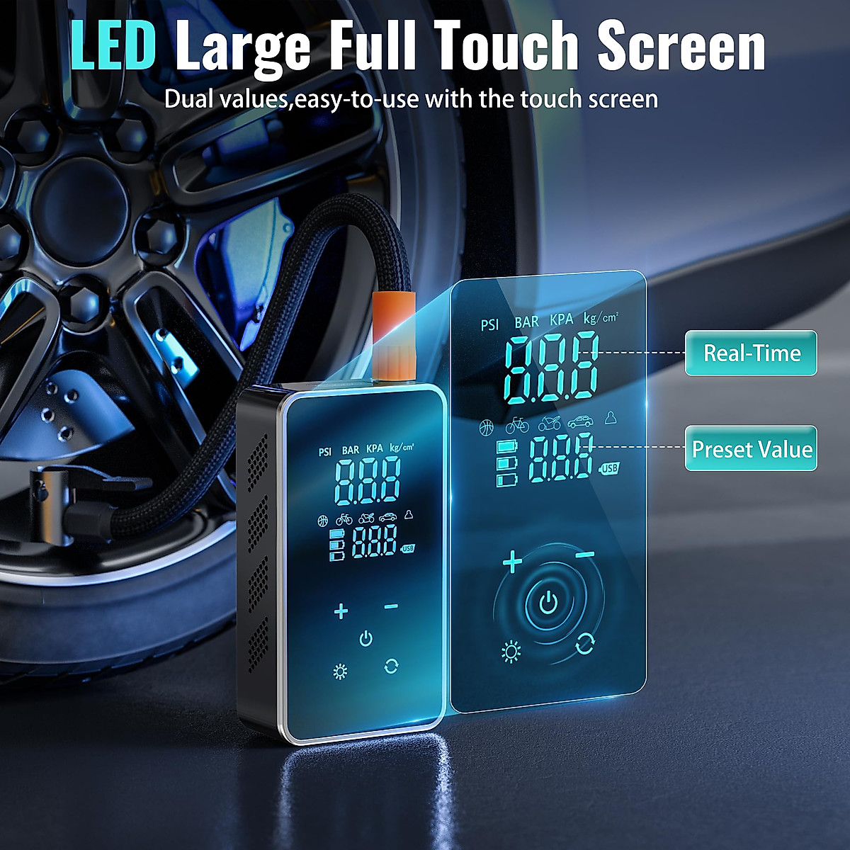 Tire Inflator Portable Air Compressor-Air Pump for Car-18000mAh Electric Air Compressor-Portable Air Pump Cordless-150 PSI Tire Pump with Touch Screen/Gauge/Light for Motorcycle, Bike, Ball(Black).