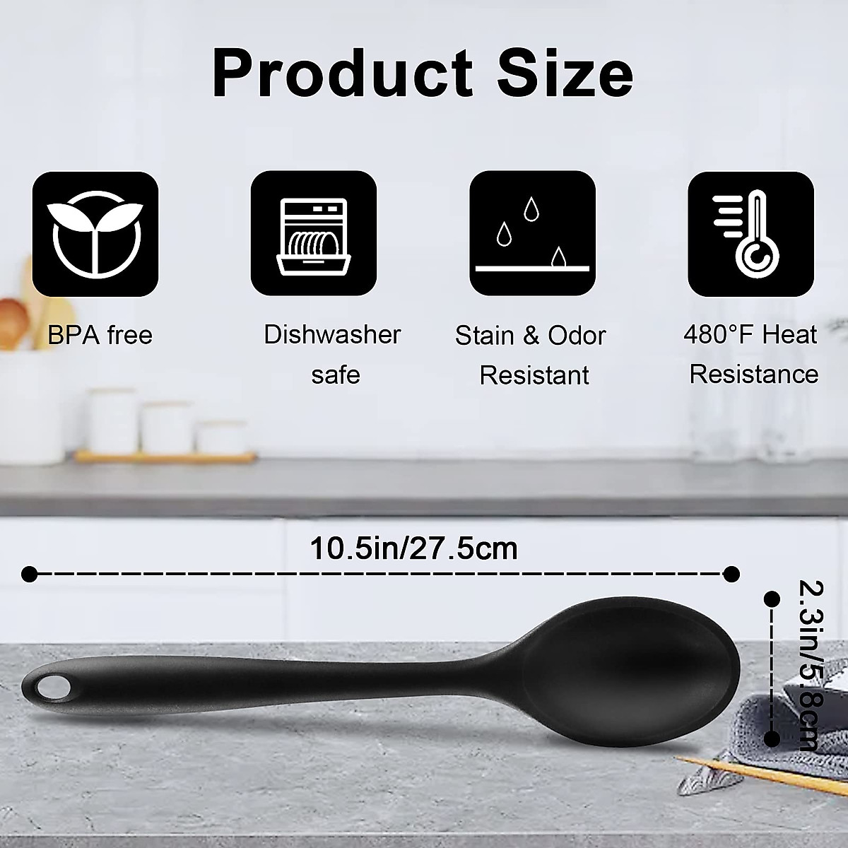 Silicone Spoon, for Kitchen Cooking, Mixing, Stirring, Basting, Serving and Baking, Soup and Sauce Utensil, Food Grade Rubber, Nonstick High Heat Resistant (Black)