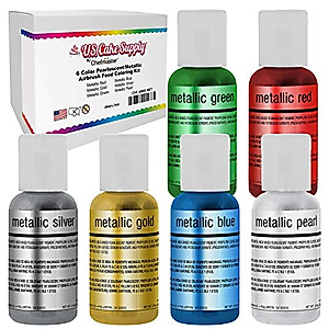 U.S. Cake Supply Airbrush Cake Pearlescent Shimmer Metallic Color Set - The 6 Most Popular Metallic Colors in 0.7 fl. oz. (20ml) Bottles - Safely Made in the USA product