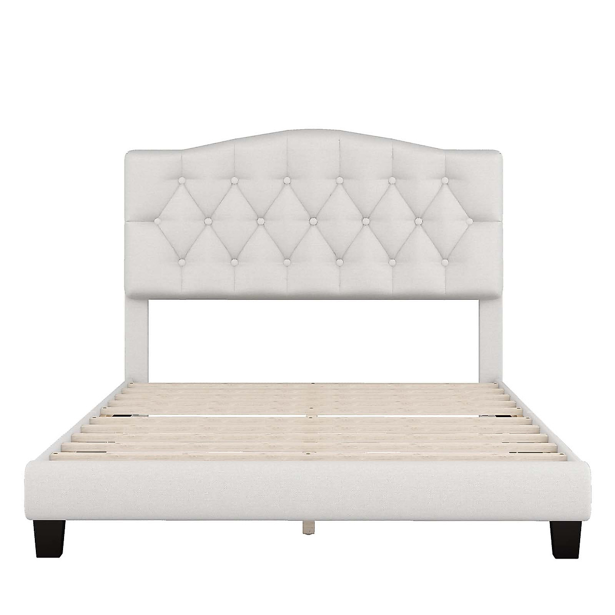 Full Size Upholstered Platform Bed Frame with Saddle Curved Headboard and Diamond Tufted Details, Wooden Slats Support, No Box Spring Needed for Boys Girls Teens Adults, Under Bed Storage (Full)
