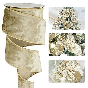 HUIHUANG Champagne Velvet Ribbon Wired 2-1/2 inch, Christmas Velvet Ribbon for X-mas Tree, Large Bows, Wreaths, Gift Wrapping, Garland, Home Decor, Crafts-Continuous 10 Yards/Roll