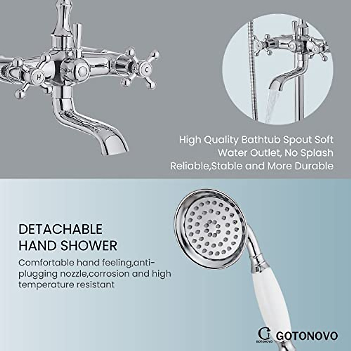 gotonovo Freestanding Bathtub Faucet Polished Chrome Floor Mount Tub Filler Double Cross Knobs Bathroom Mixing Tap with Handheld Shower Telephone Shape