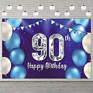 Happy 90th Birthday Banner Background Decorations Balloons Stars Crystal Confetti Theme Decor for Men or Women Cheers to 90 years Party Supplies Photo Booth Props Blue Purple Silver