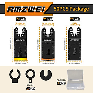 AMZWEI 50PCS Multi Tool Blade Kits, Professional Titanium Oscillating Tool Blades for Metal, Wood, Plastic, Curved Edge Oscillating Saw Blades Compatible with Dewalt Milwaukee Ryobi Rockwell Fein